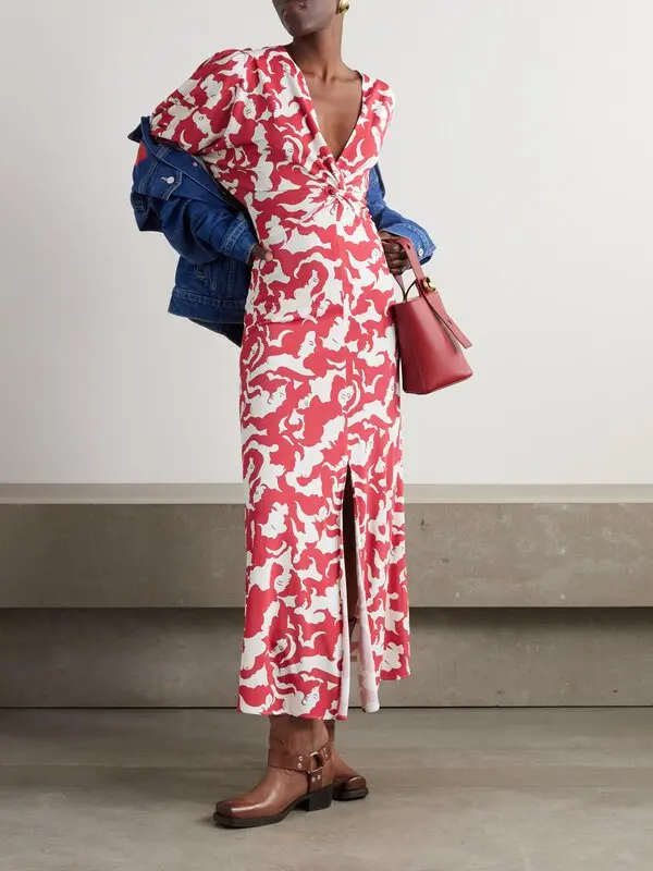 La DoubleJ Mother Twist-front Printed Midi Dress - Red