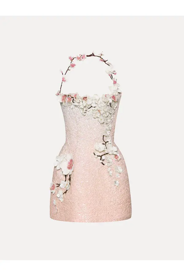 Cherry Blossom Embroidered Sequin Cocktail Dress