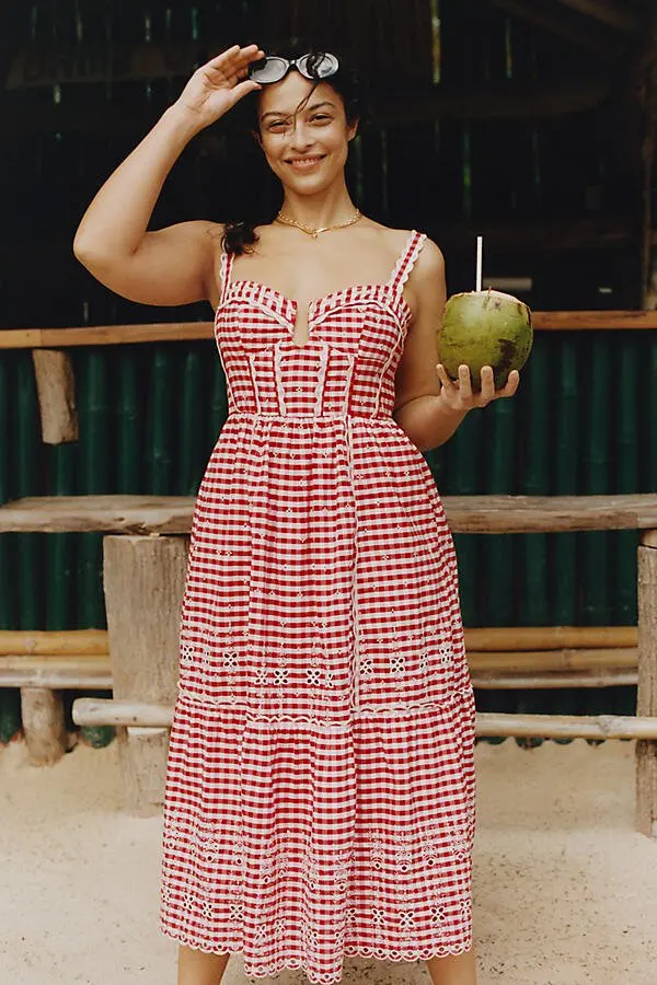 Gingham Midi Dress - Red