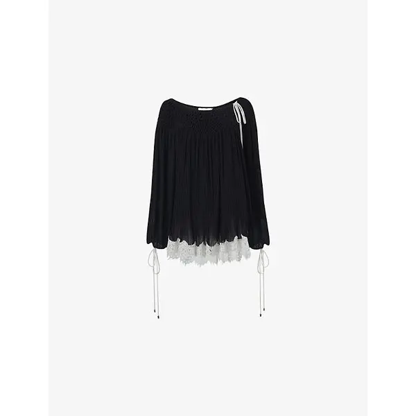 LEEM Smock-neck Lace-trimmed Top