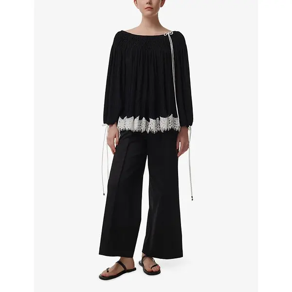 LEEM Smock-neck Lace-trimmed Top