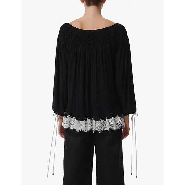 LEEM Smock-neck Lace-trimmed Top