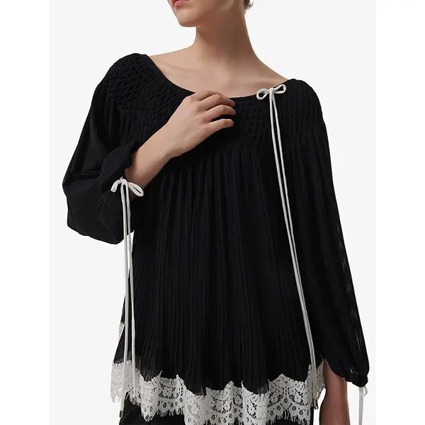 LEEM Smock-neck Lace-trimmed Top