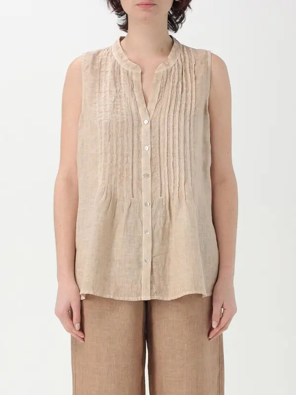 120% Lino Sleeveless Shirt With Pintuck Detail - Beige