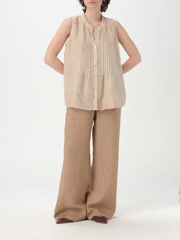 120% Lino Sleeveless Shirt With Pintuck Detail - Beige