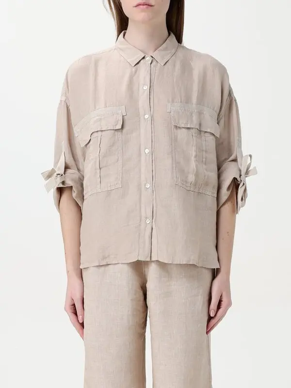 120% Lino Shirt With Button-up Closure And Tie Detail - Sand