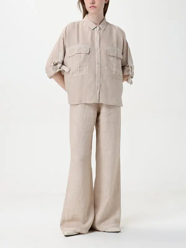 120% Lino Shirt With Button-up Closure And Tie Detail - Sand