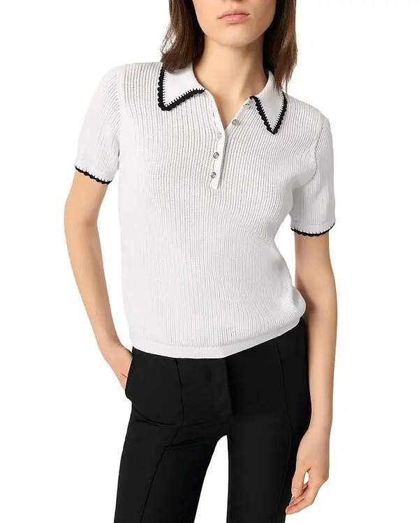 Maje Pointelle Knit Crochet Polo Shirt White/Black 40% Off