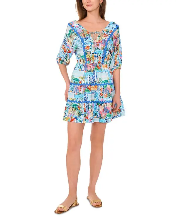 vince camuto short dresses Vince Camuto Floral Print Split V-Neck Short Sleeve Ruffle A-Line Dress