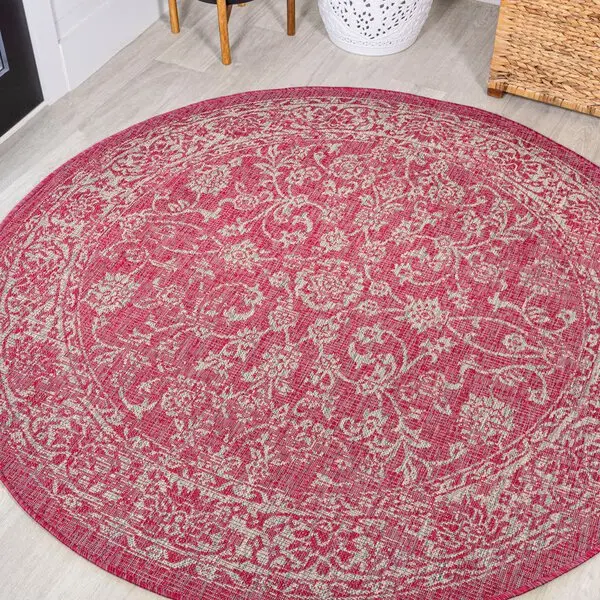 JONATHAN Y Tela Bohemian Textured Weave Floral Indoor/outdoor Round Area Rug - Fuchsia/light Gray