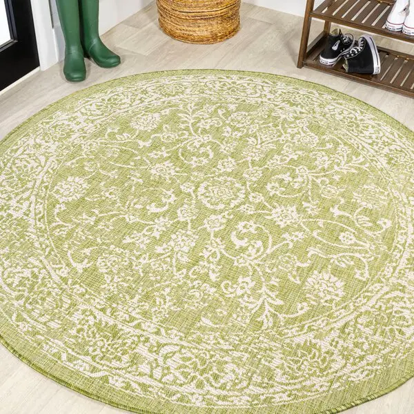 JONATHAN Y Tela Bohemian Textured Weave Floral Indoor/outdoor Round Area Rug - Green/cream