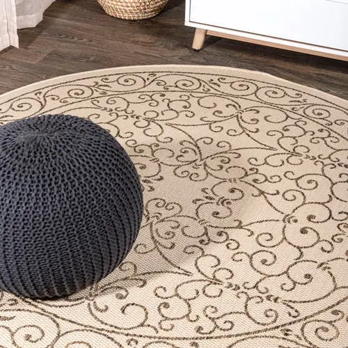 JONATHAN Y Charleston Vintage Filigree Textured Weave Indoor/outdoor Round Area Rug - Beige/brown