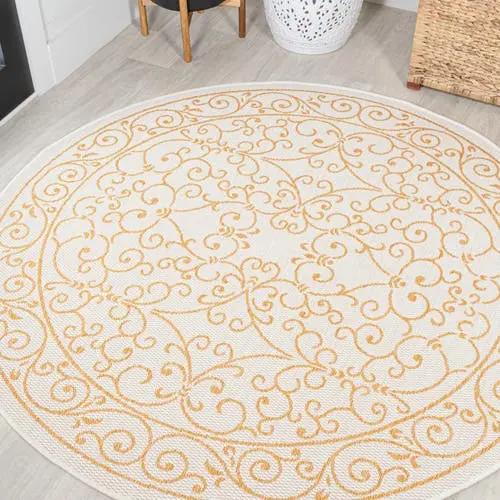 JONATHAN Y Charleston Vintage Filigree Textured Weave Indoor/outdoor Round Area Rug - Cream/yellow