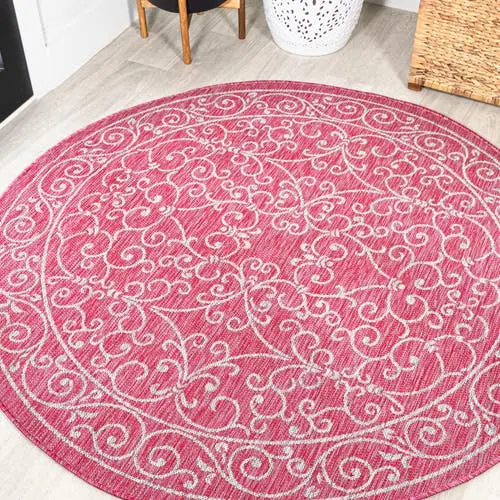 JONATHAN Y Charleston Vintage Filigree Textured Weave Indoor/outdoor Round Area Rug - Fuchsia/light Gray