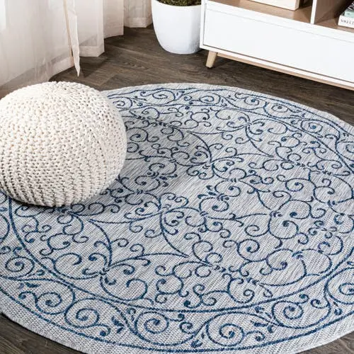 JONATHAN Y Charleston Vintage Filigree Textured Weave Indoor/outdoor Round Area Rug - Gray/navy