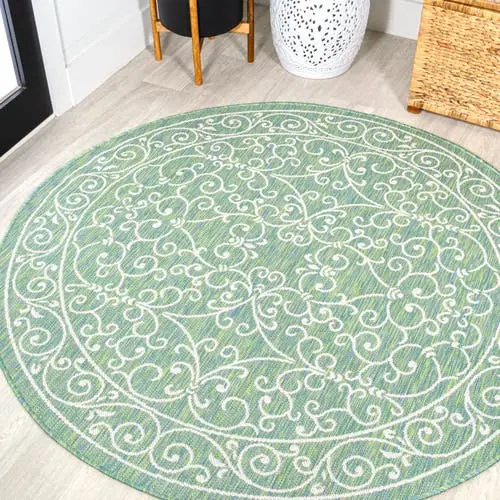 JONATHAN Y Charleston Vintage Filigree Textured Weave Indoor/outdoor Round Area Rug - Green/ivory