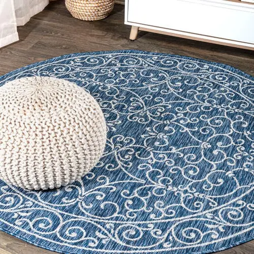 JONATHAN Y Charleston Vintage Filigree Textured Weave Indoor/outdoor Round Area Rug - Navy/gray