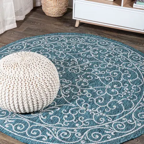JONATHAN Y Charleston Vintage Filigree Textured Weave Indoor/outdoor Round Area Rug - Teal/gray