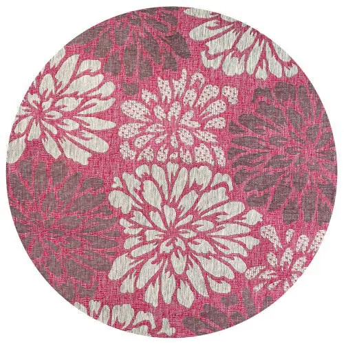 JONATHAN Y Zinnia Modern Floral Textured Weave Indoor/outdoor Round Area Rug - Fuchsia/light Gray