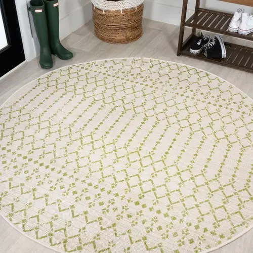 JONATHAN Y Ourika Moroccan Geometric Textured Weave Indoor/outdoor Round Area Rug - Cream/green