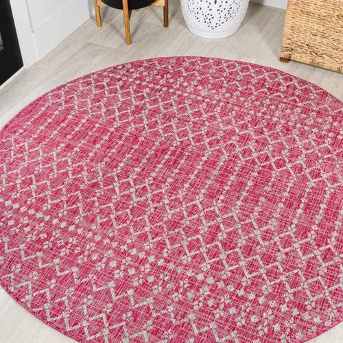 JONATHAN Y Ourika Moroccan Geometric Textured Weave Indoor/outdoor Round Area Rug - Fuchsia/light Gray