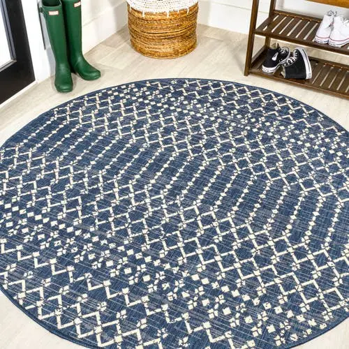 JONATHAN Y Ourika Moroccan Geometric Textured Weave Indoor/outdoor Round Area Rug - Navy/beige