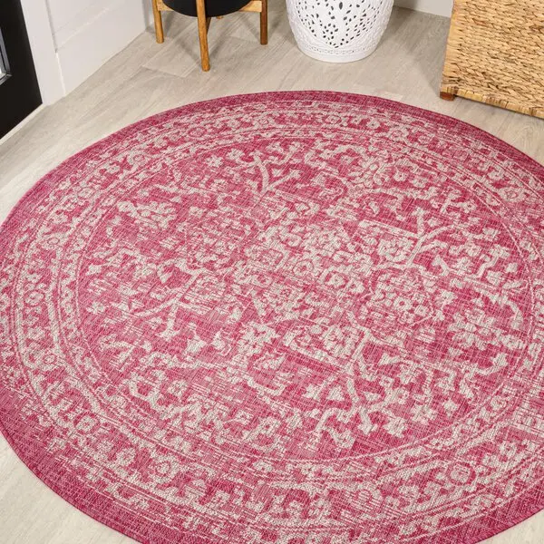 JONATHAN Y Malta Bohemian Medallion Textured Weave Indoor/outdoor Round Area Rug - Fuchsia/light Gray