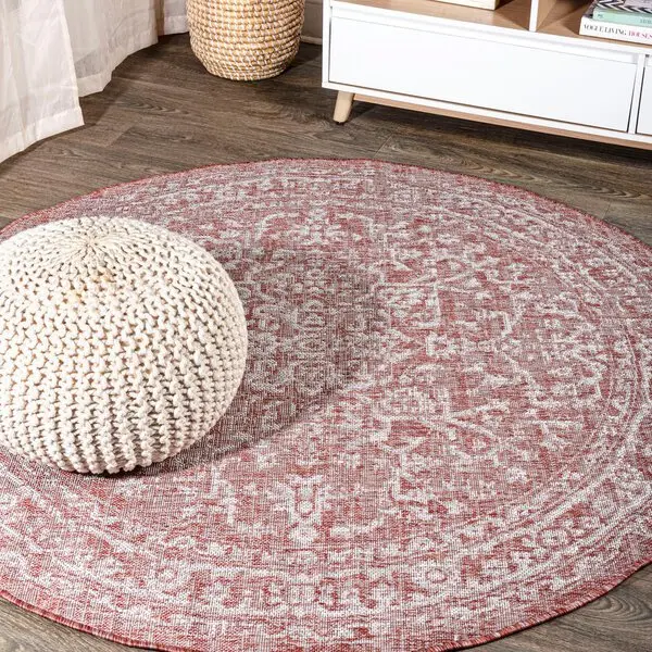 JONATHAN Y Malta Bohemian Medallion Textured Weave Indoor/outdoor Round Area Rug - Red/taupe
