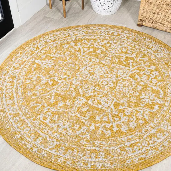 JONATHAN Y Malta Bohemian Medallion Textured Weave Indoor/outdoor Round Area Rug - Yellow/cream