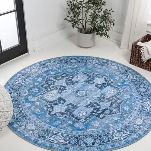 JONATHAN Y Maris Ornate Medallion Machine-washable Round Area Rug - Blue/navy