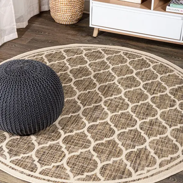 JONATHAN Y Trebol Moroccan Trellis Textured Weave Indoor/outdoor Round Area Rug - Brown/beige