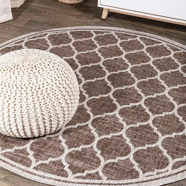 JONATHAN Y Trebol Moroccan Trellis Textured Weave Indoor/outdoor Round Area Rug - Espresso/taupe