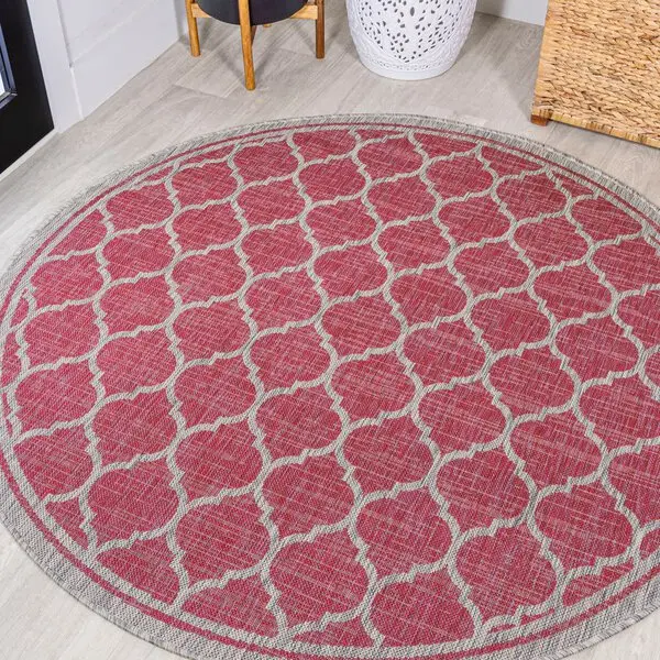 JONATHAN Y Trebol Moroccan Trellis Textured Weave Indoor/outdoor Round Area Rug - Fuchsia/light Gray