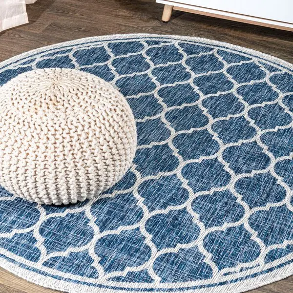 JONATHAN Y Trebol Moroccan Trellis Textured Weave Indoor/outdoor Round Area Rug - Navy/gray