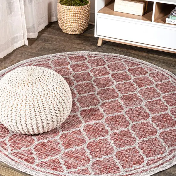JONATHAN Y Trebol Moroccan Trellis Textured Weave Indoor/outdoor Round Area Rug - Red/beige