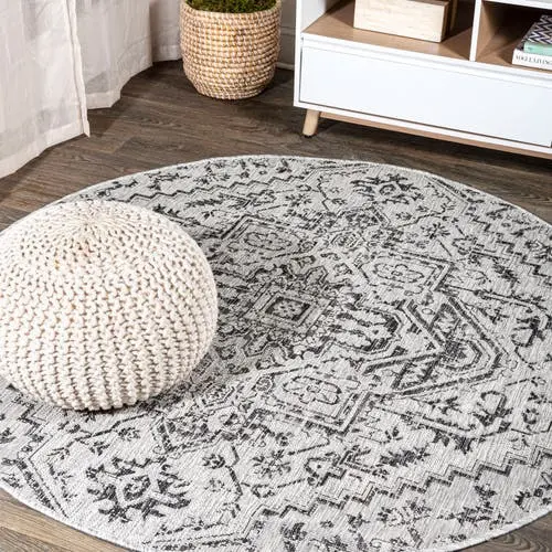 JONATHAN Y Estrella Bohemian Medallion Textured Weave Indoor/outdoor Round Area Rug - Black/gray
