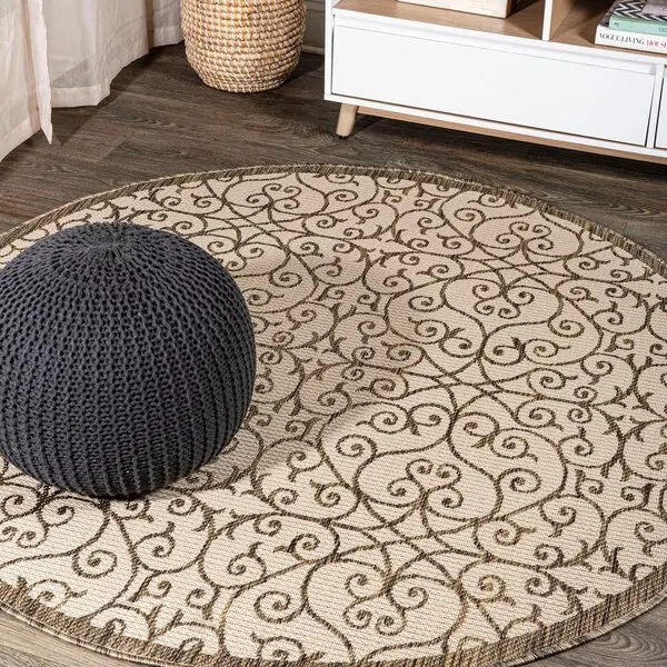 JONATHAN Y Madrid Vintage Filigree Textured Weave Indoor/outdoor Round Area Rug - Beige/brown