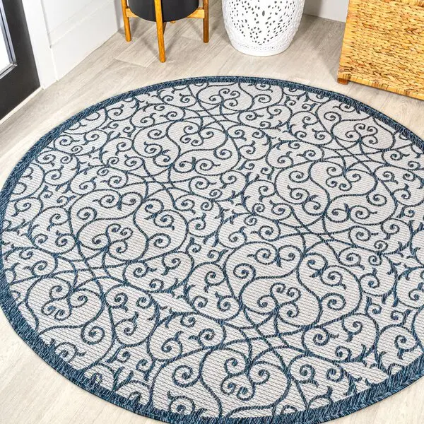 JONATHAN Y Madrid Vintage Filigree Textured Weave Indoor/outdoor Round Area Rug - Blue/cream