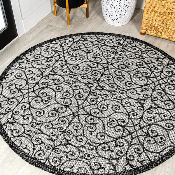 JONATHAN Y Madrid Vintage Filigree Textured Weave Indoor/outdoor Round Area Rug - Light Gray/black