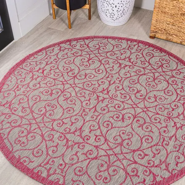 JONATHAN Y Madrid Vintage Filigree Textured Weave Indoor/outdoor Round Area Rug - Light Gray/fuchsia