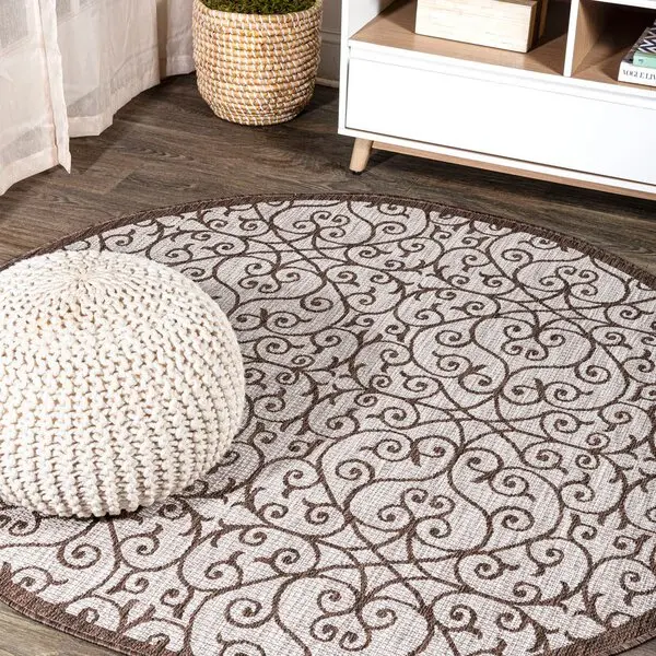 JONATHAN Y Madrid Vintage Filigree Textured Weave Indoor/outdoor Round Area Rug - Taupe/espresso