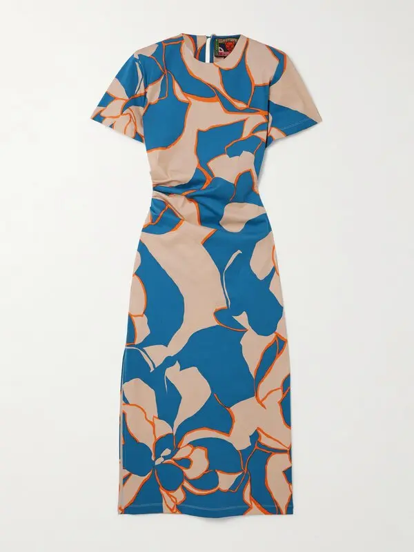La DoubleJ Mother Lela Ruched Printed Cotton-blend Jersey Midi Dress - Blue