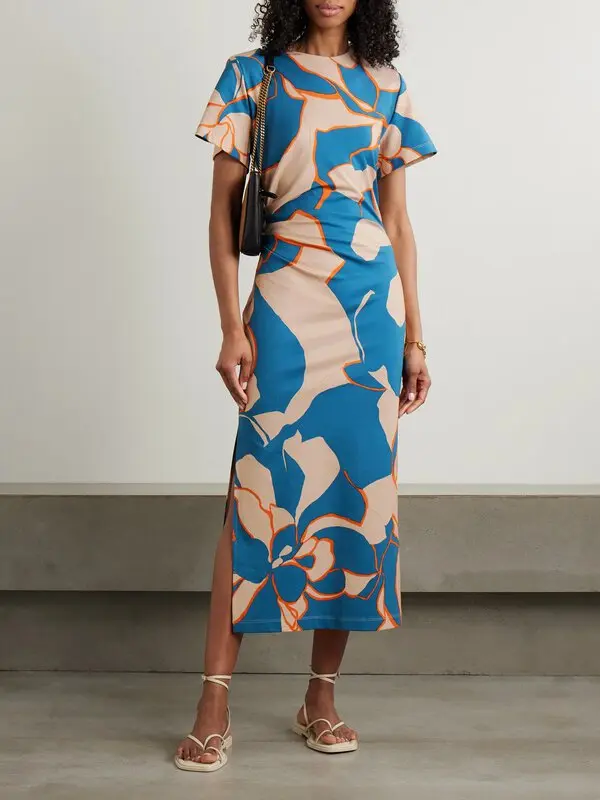 La DoubleJ Mother Lela Ruched Printed Cotton-blend Jersey Midi Dress - Blue