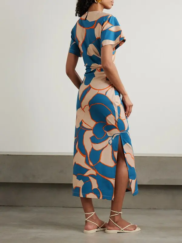 La DoubleJ Mother Lela Ruched Printed Cotton-blend Jersey Midi Dress - Blue