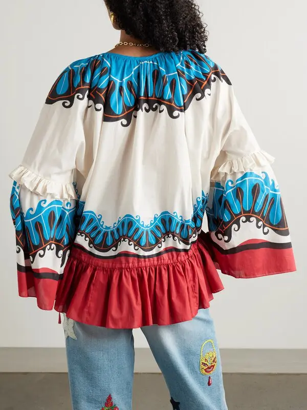 La DoubleJ Mother Boho Tie-detailed Printed Cotton Peplum Blouse