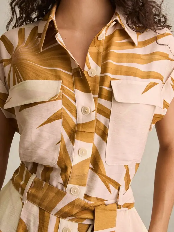 REISS Harri Palm Print Belted Playsuit