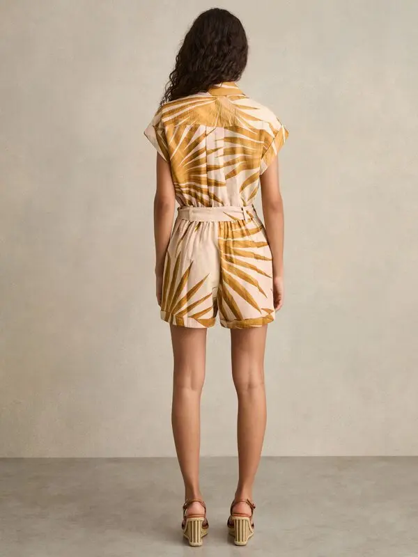 REISS Harri Palm Print Belted Playsuit