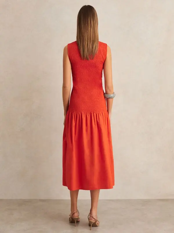 REISS Annabel Petite Cotton Shirred Midi Dress
