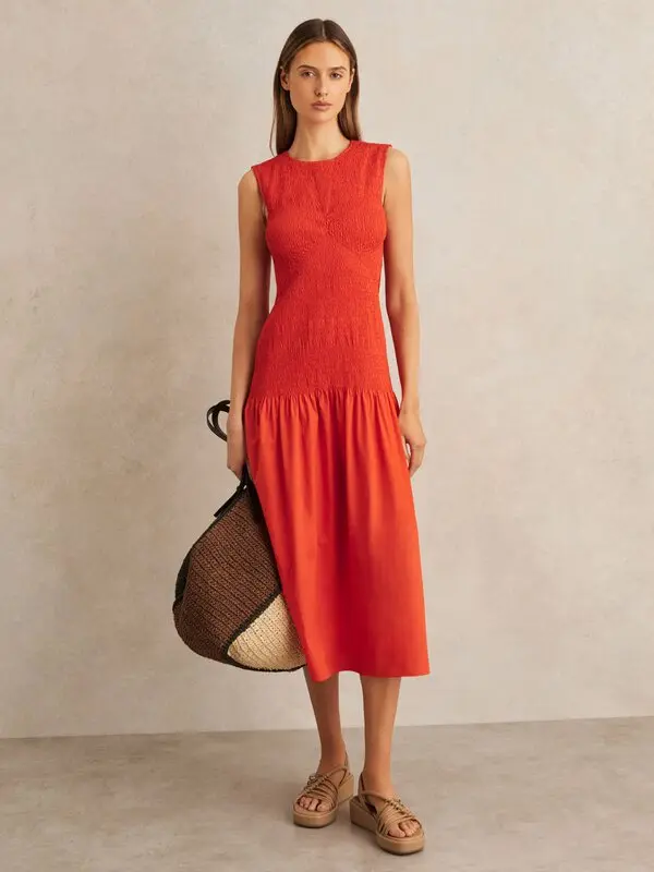REISS Annabel Petite Cotton Shirred Midi Dress