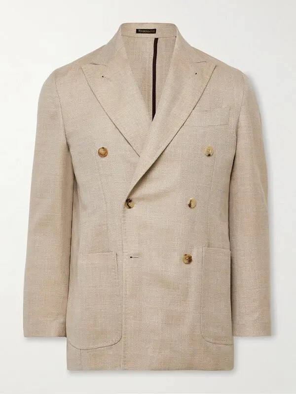 Rubinacci Unstructured Double-breasted Herringbone Virgin Wool, Silk And Linen-blend Blazer